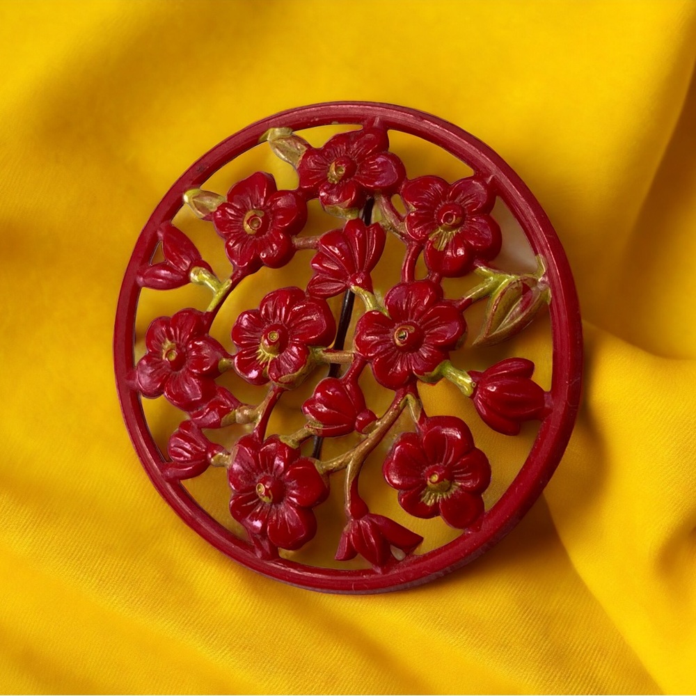 1940’s Red Celluloid Floral Brooch - Gem